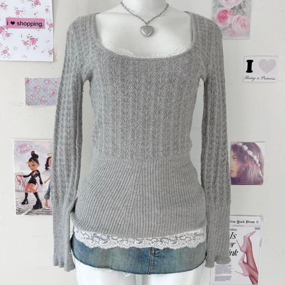 Express | Tops | Y2k Express Grey Square Neck Knit Top | Poshmark